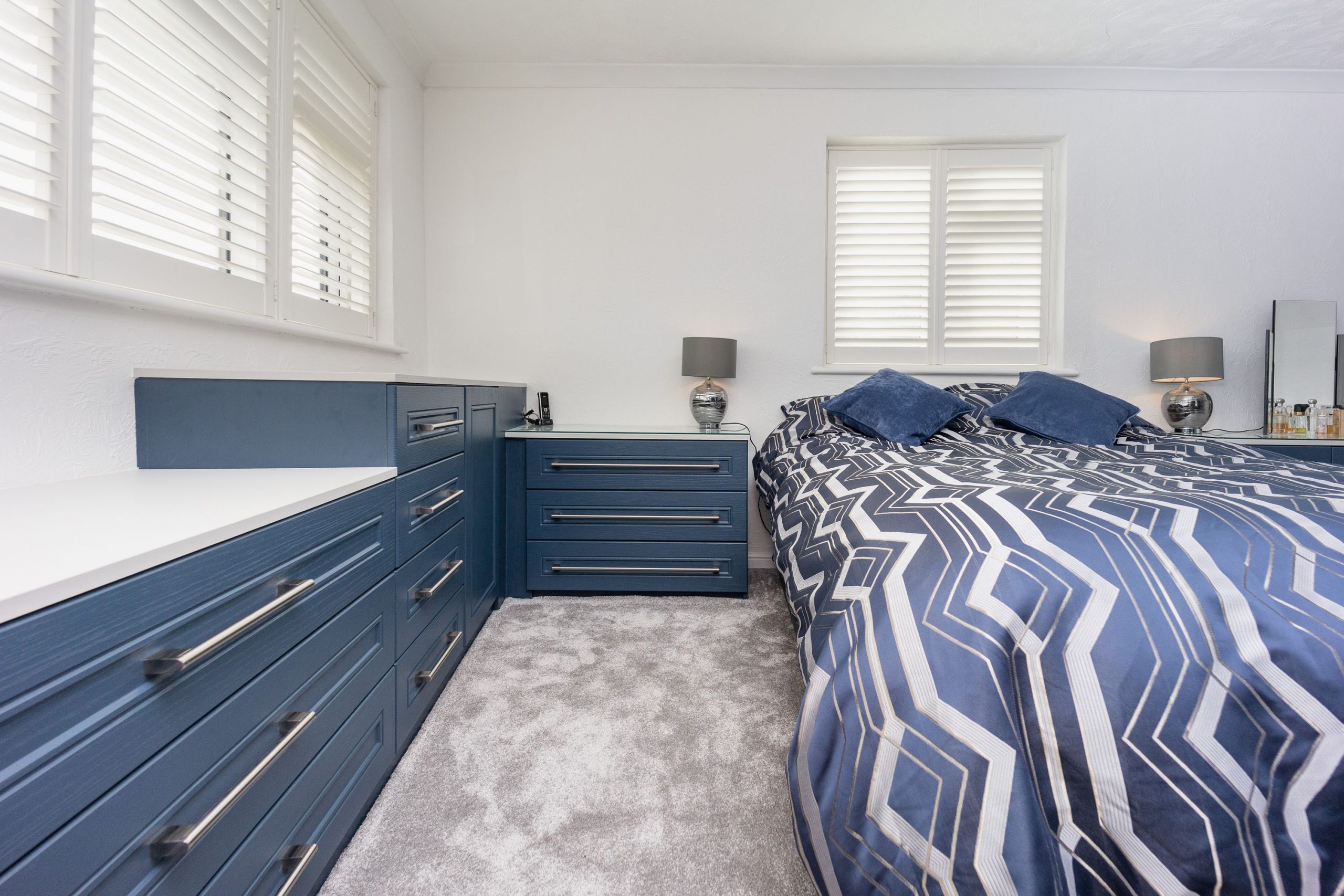 Painted oak alby blue ascot style with boss bar handles - Fox Wardrobes