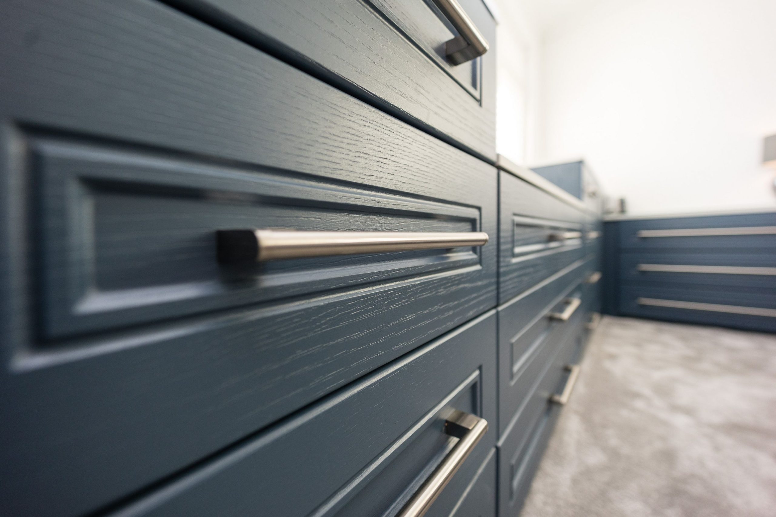 Painted oak alby blue ascot style with boss bar handles - Fox Wardrobes